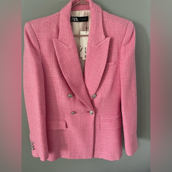 Zara | Jackets & Coats | Barbie Pink Zara Tweed Double Breasted Blazer ...